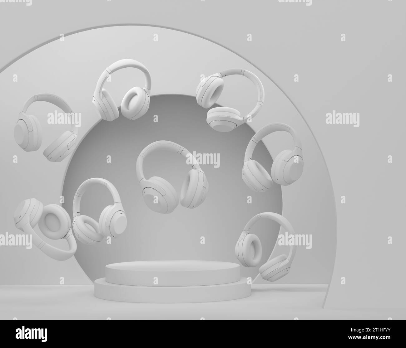 Set of headphones from gamer workspace on cylinder podium on monochrome ...