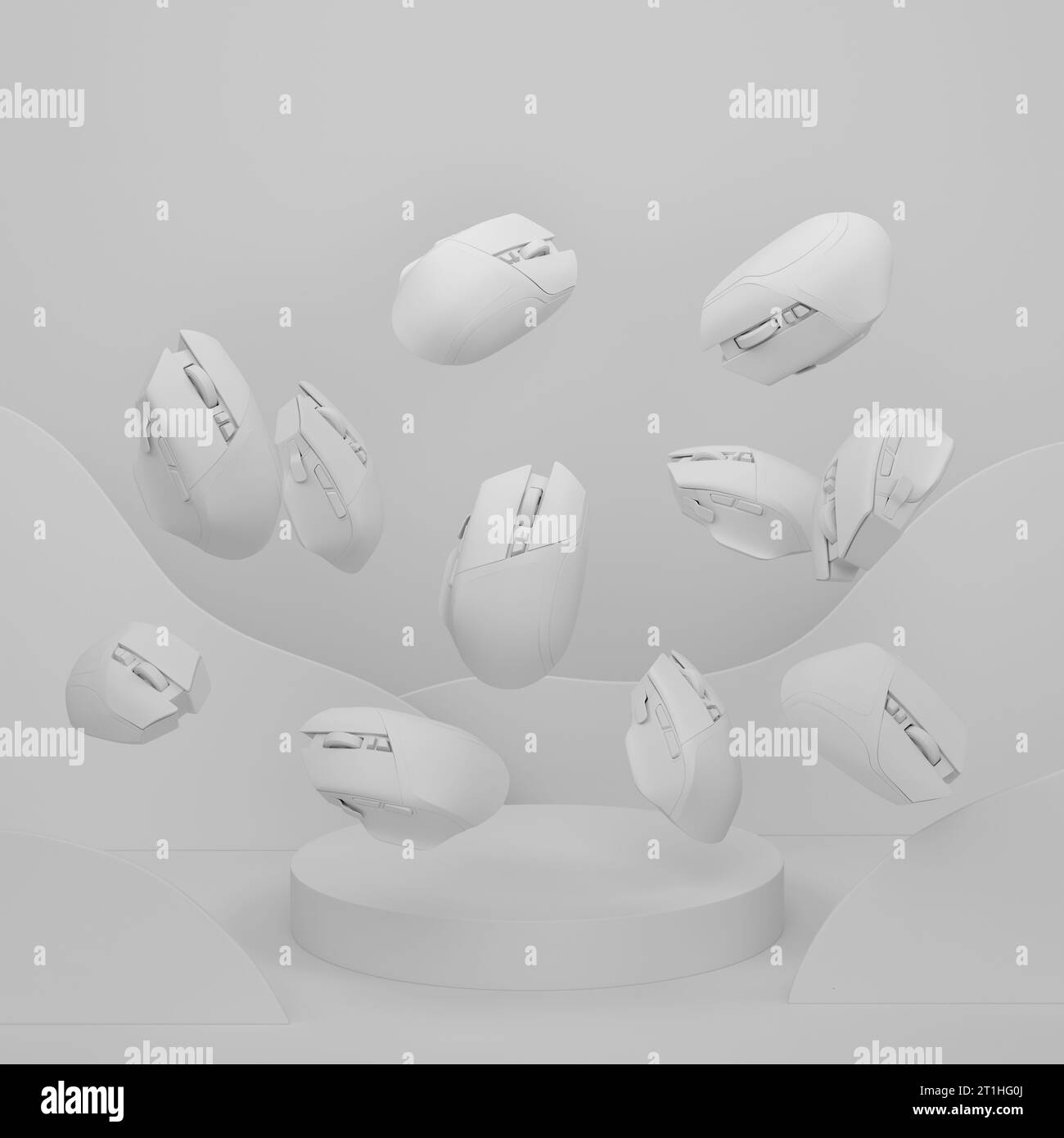 Set of computer mouses from gamer workspace on cylinder podium on ...