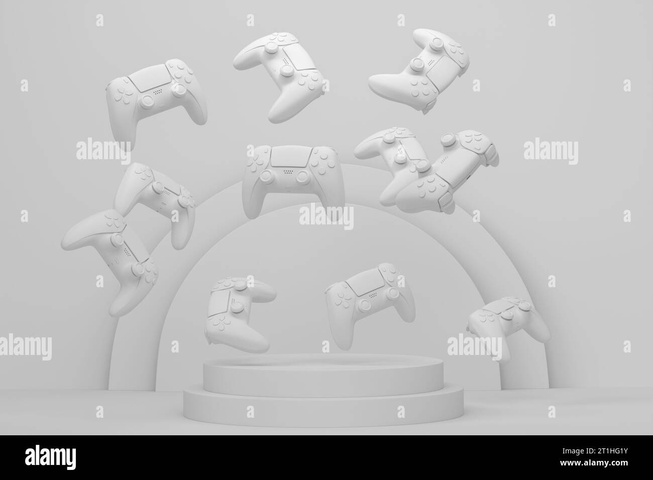 Set of video game joystick on cylinder podium with steps on monochrome ...