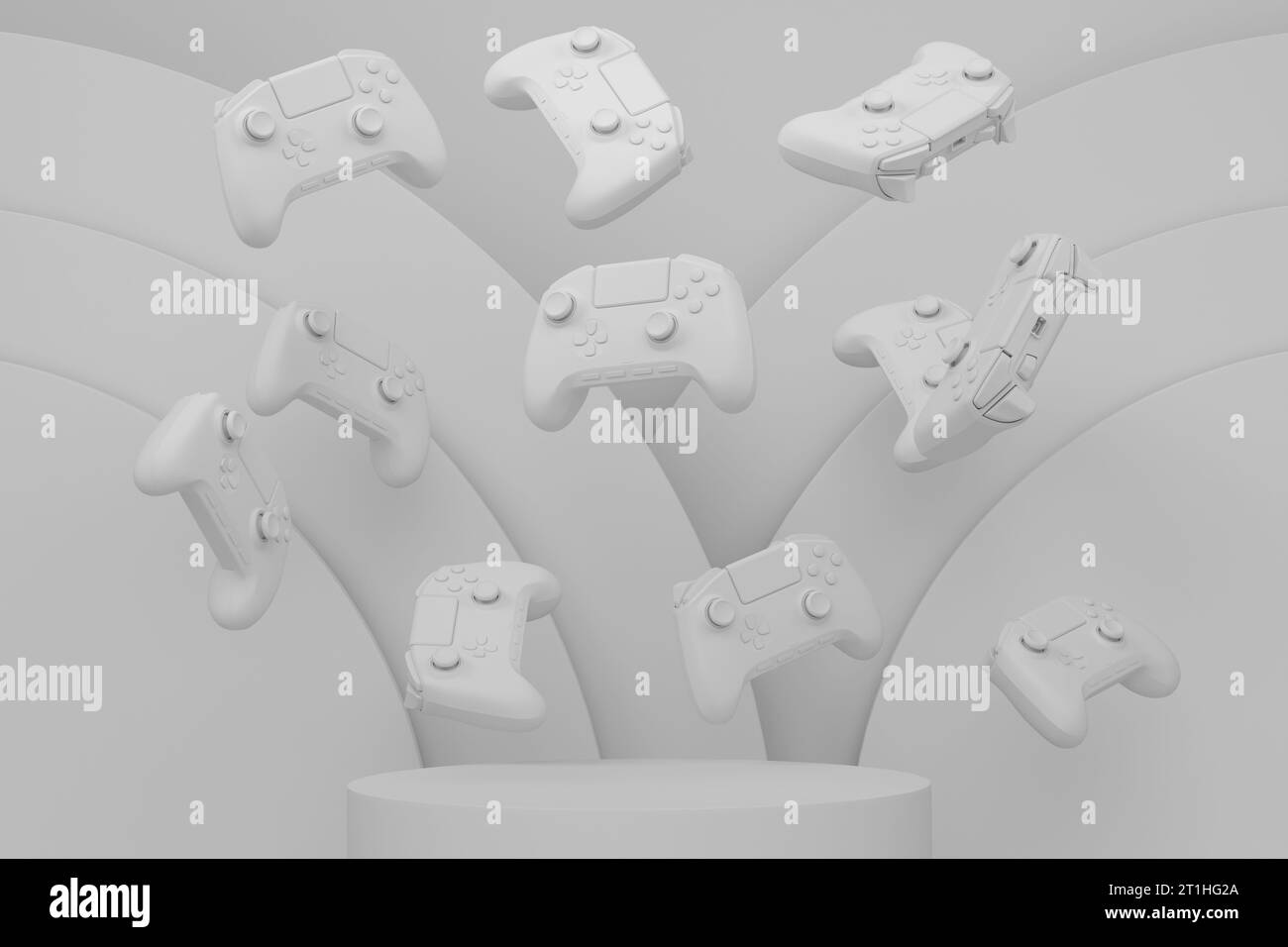 Set of video game joystick on cylinder podium with steps on monochrome ...