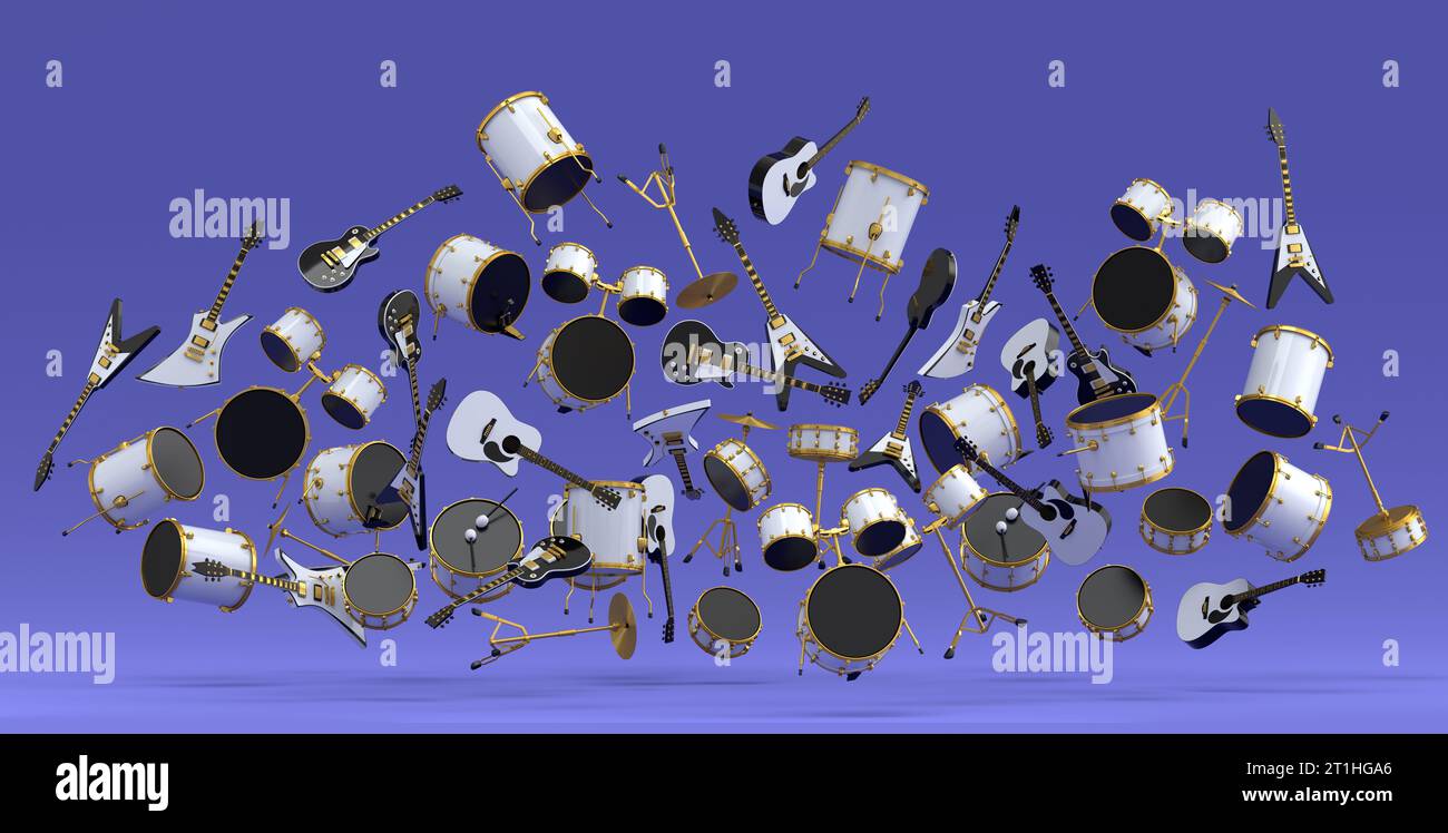 Many of flying acoustic guitars, drums with metal cymbals or drumset ...