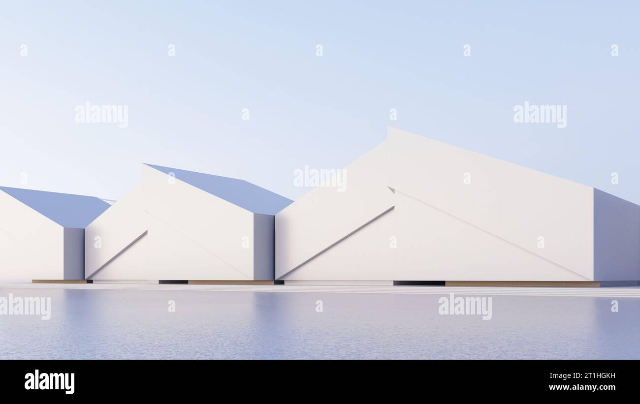Abstract futuristic architecture with flat floor and blue sky, combined ...