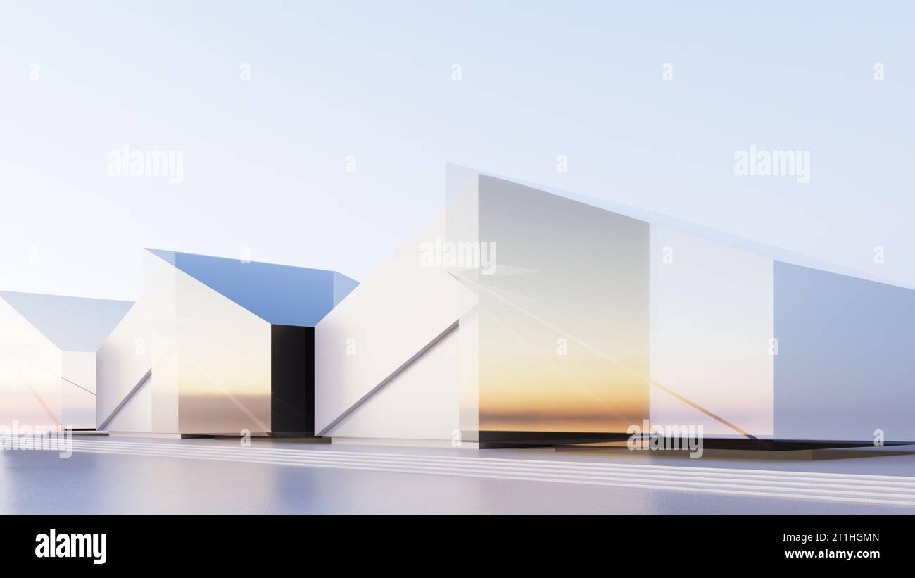 Abstract futuristic architecture with flat floor and blue sky, combined ...