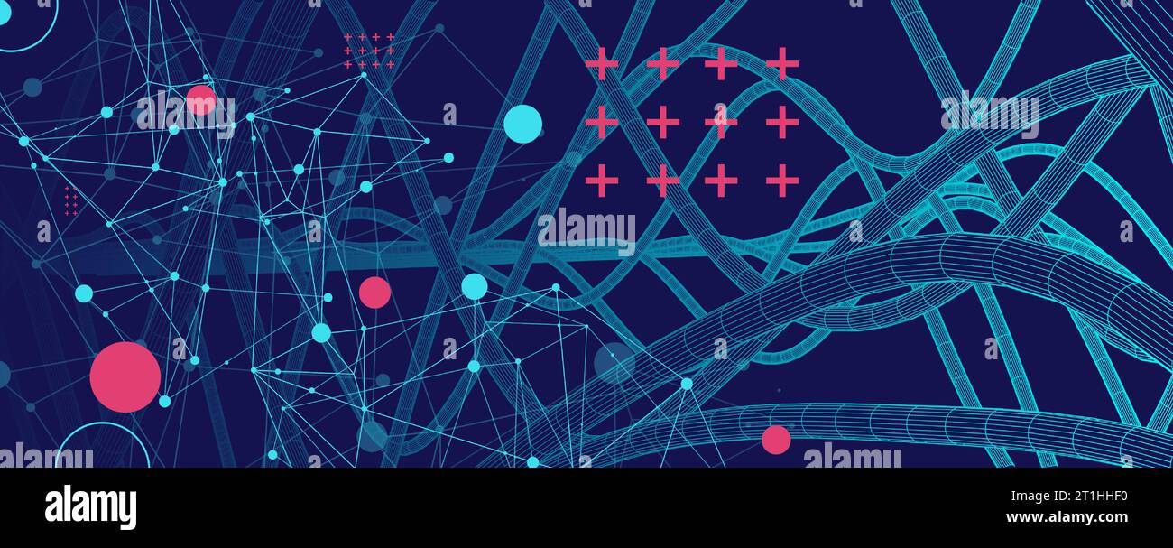 Vector abstract background with a wireframe dynamic pipes, line and particles. Plexus effect ...