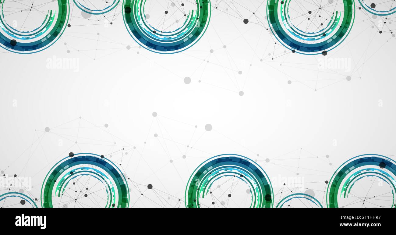 Technical background with plexus effect and wave made of techno circles ...