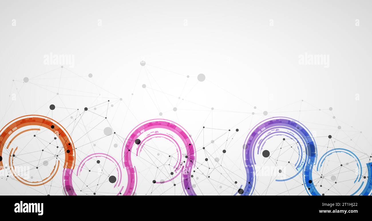 Technical background with plexus effect and wave made of techno circles ...