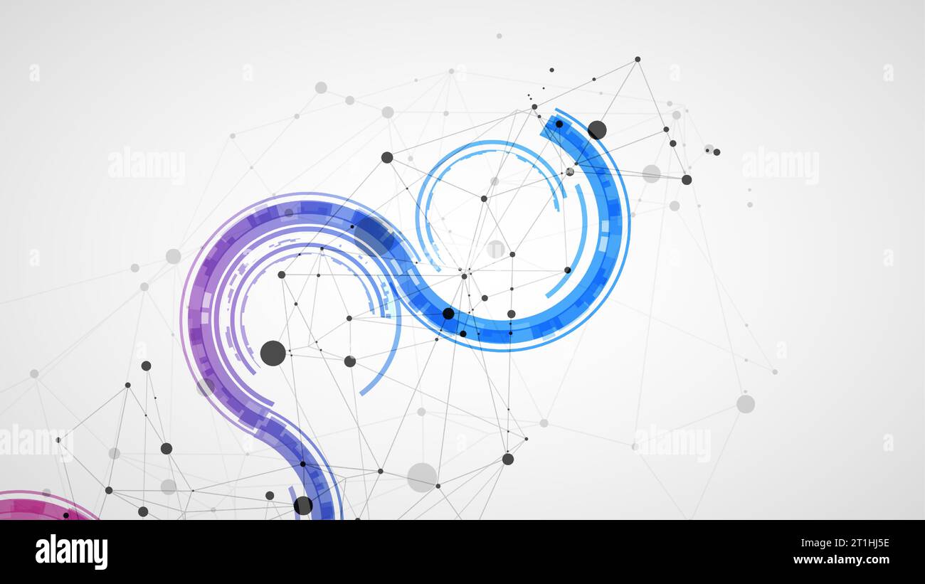 Technical background with plexus effect and wave made of techno circles ...