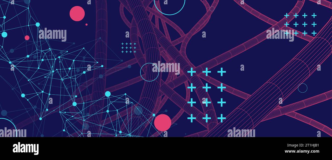 Vector abstract background with a wireframe dynamic pipes, line and particles. Plexus effect ...