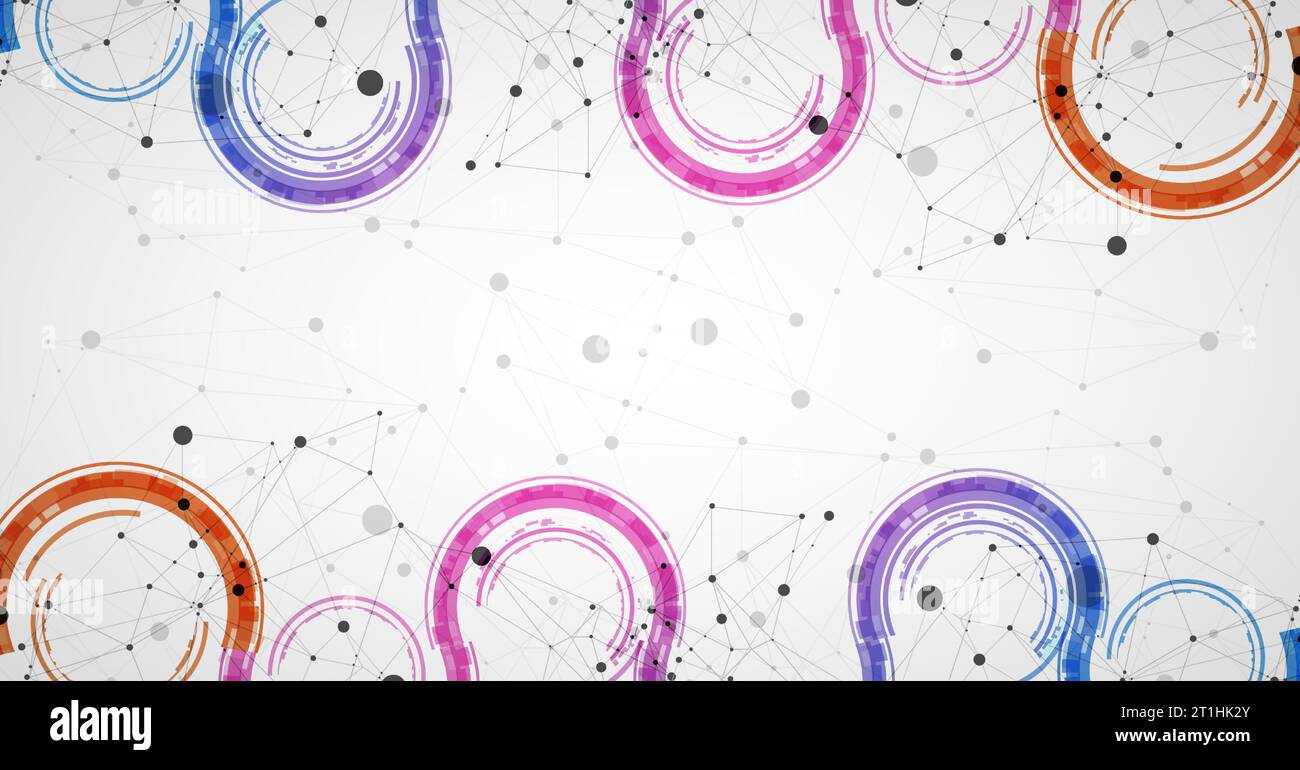 Technical background with plexus effect and wave made of techno circles ...