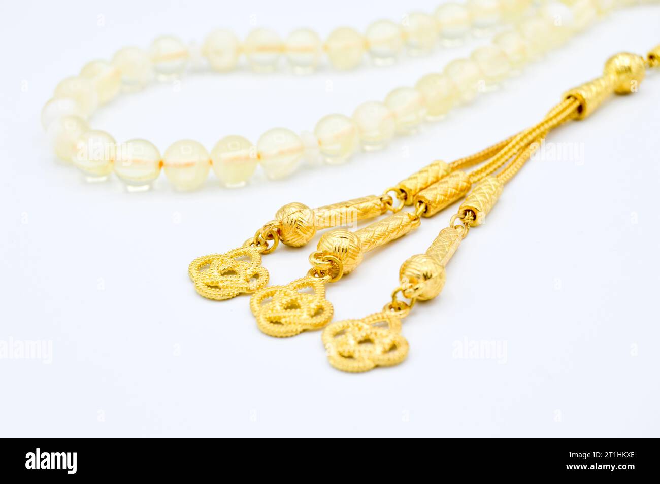 White and gold beads sequenced, short rosary, tespih tesbih, an ...
