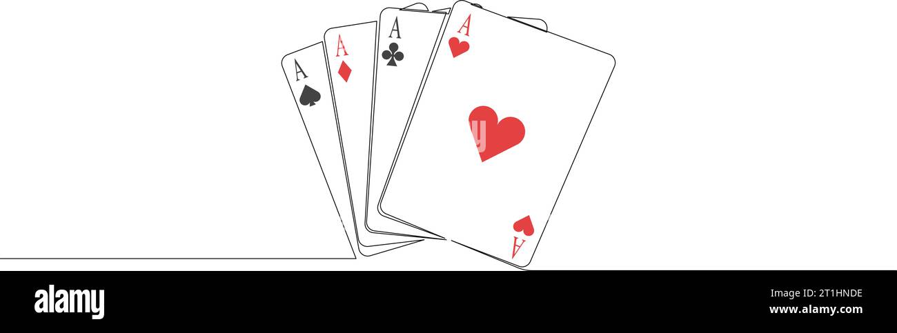 Single continuous line drawing set of four aces playing cards suits ...