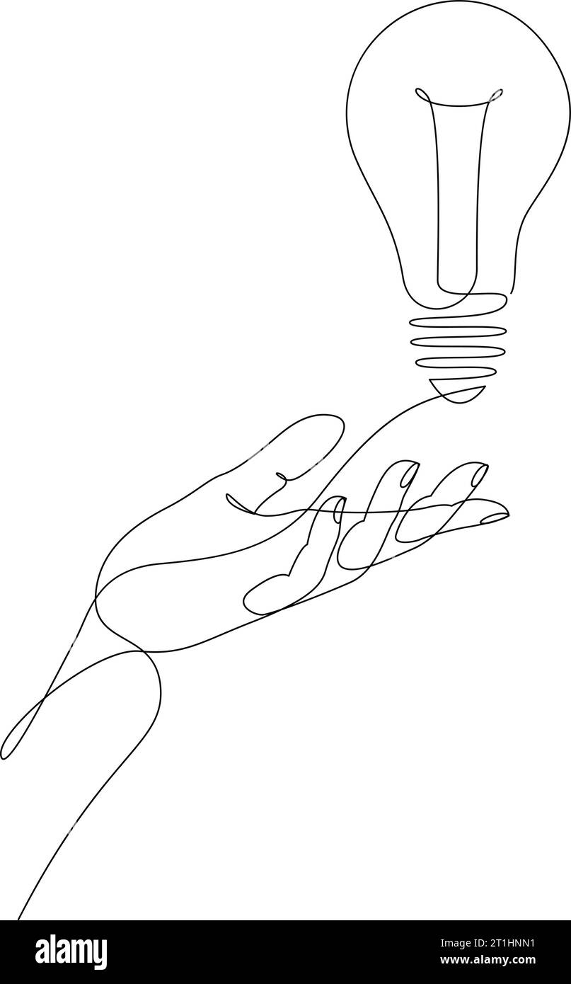 Continuous one line drawing of hand with light bulb. Concept of idea ...