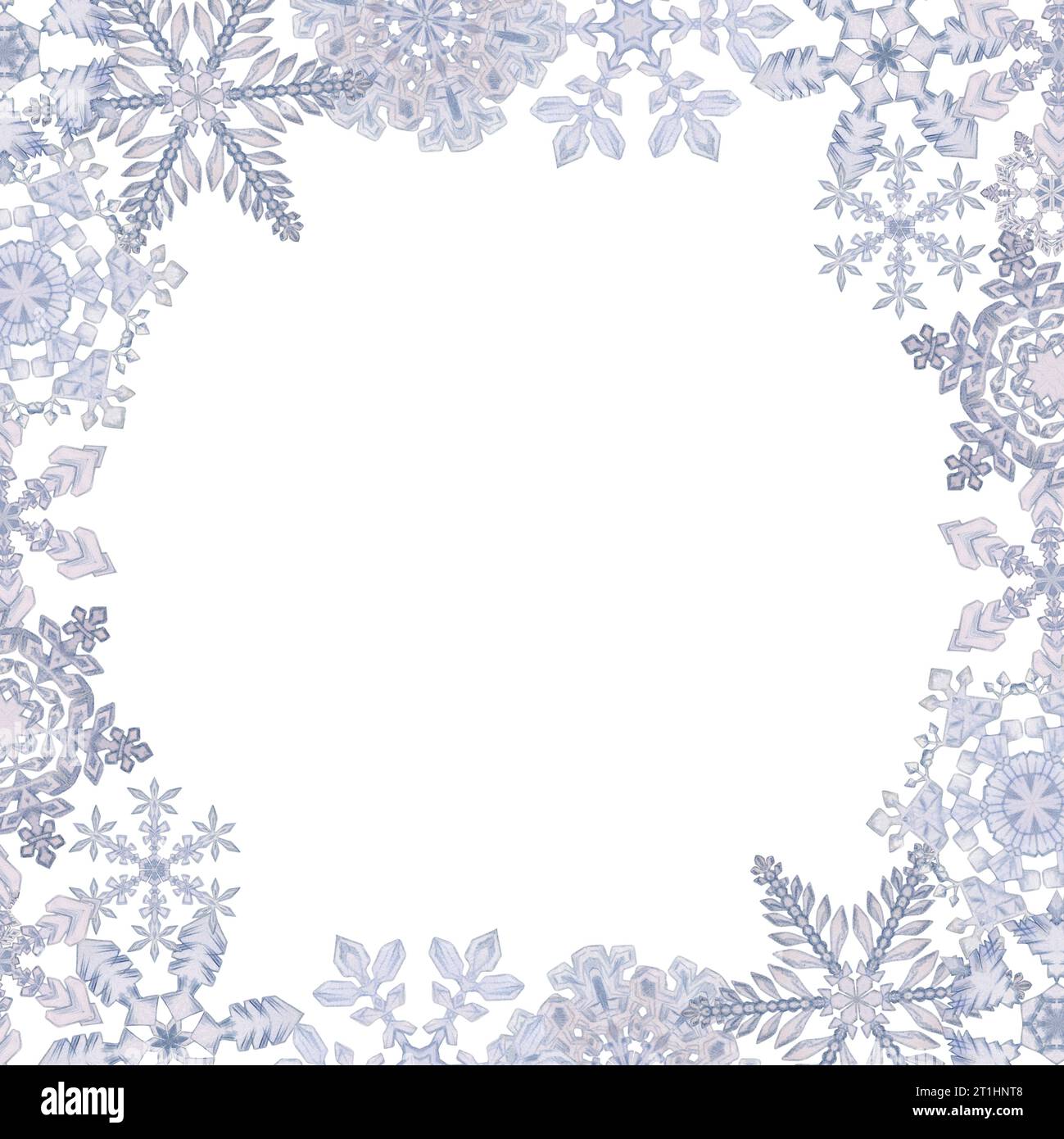 Hand drawn watercolor snowflakes, blue and silver water ice crystals ...