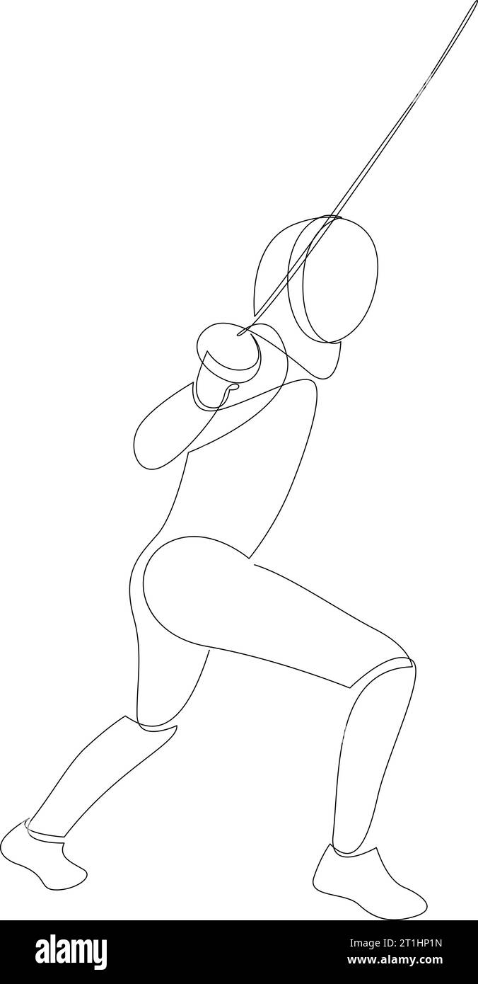 One single line drawing of man fencer athlete in fencing costume ...