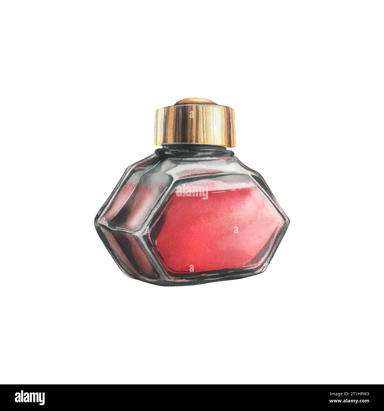 Glass transparent inkwell, red ink jar with gold lid. Hand drawn ...