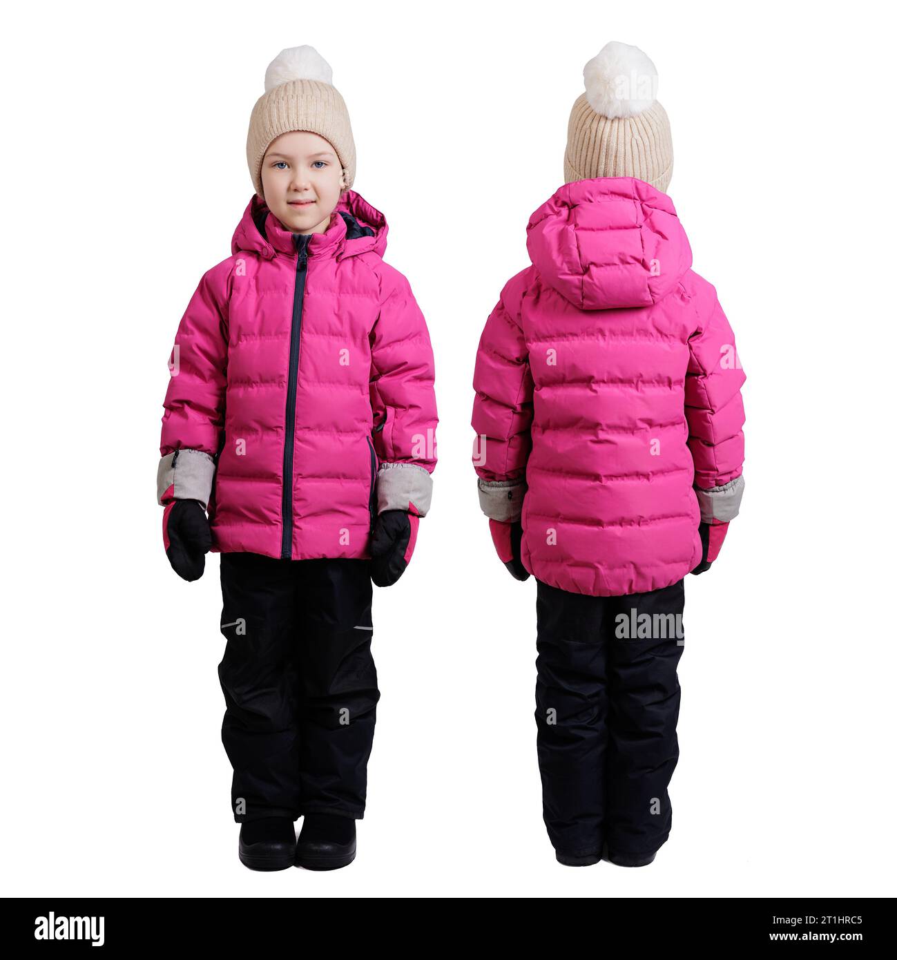 front and back view of little girl in winter look isolated on white ...