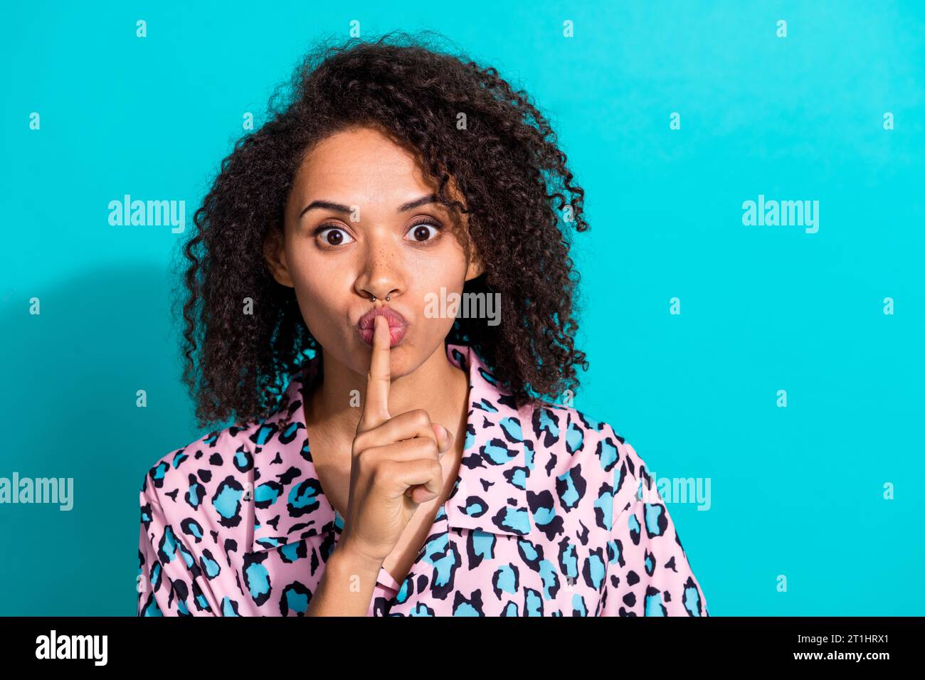 Photo of concentrated quiet girl wear trendy clothes hand touch mouth ...