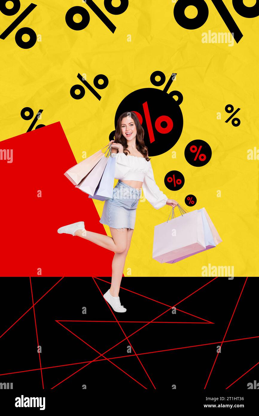 Collage retro sketch image of cool excited lady shopping big discounts ...