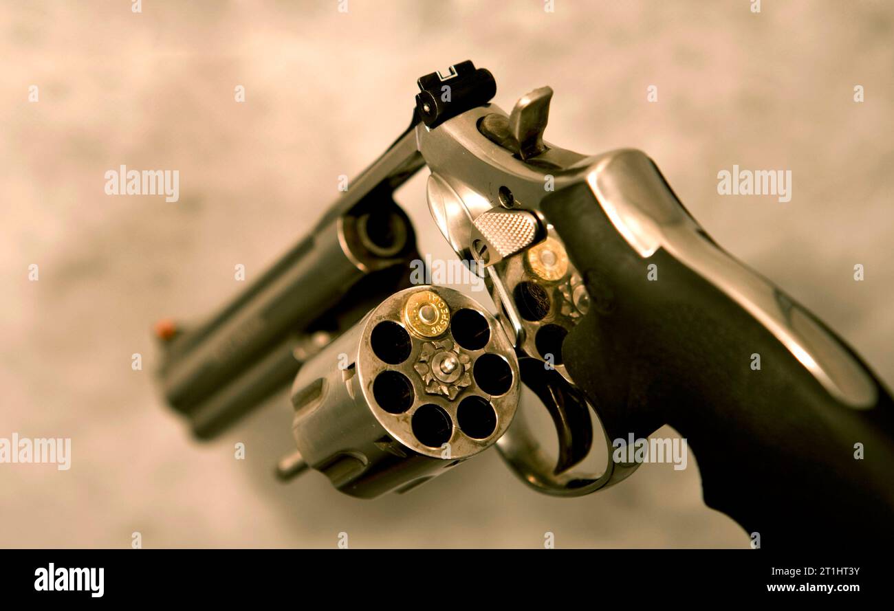 Big and powerful Magnum 38 special revolver loaded with only one shot ...