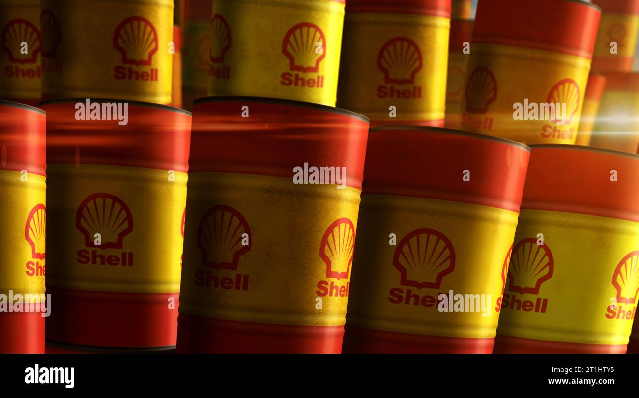 Poznan, Poland, October 12, 2023: Shell oil petroleum fuel barrels in ...