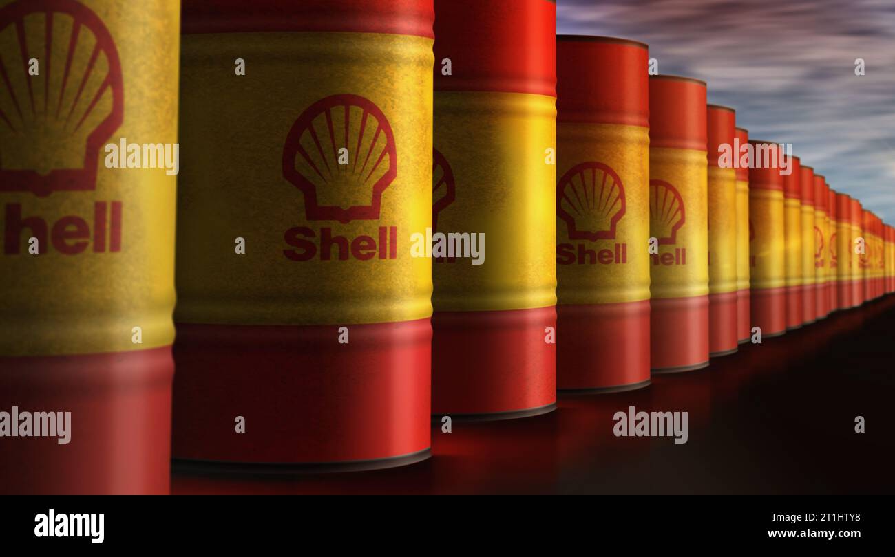 Poznan, Poland, October 12, 2023: Shell oil petroleum fuel barrels in ...