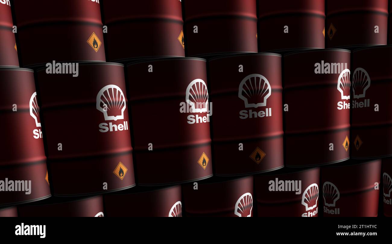 Poznan, Poland, October 12, 2023: Shell oil petroleum fuel barrels in ...