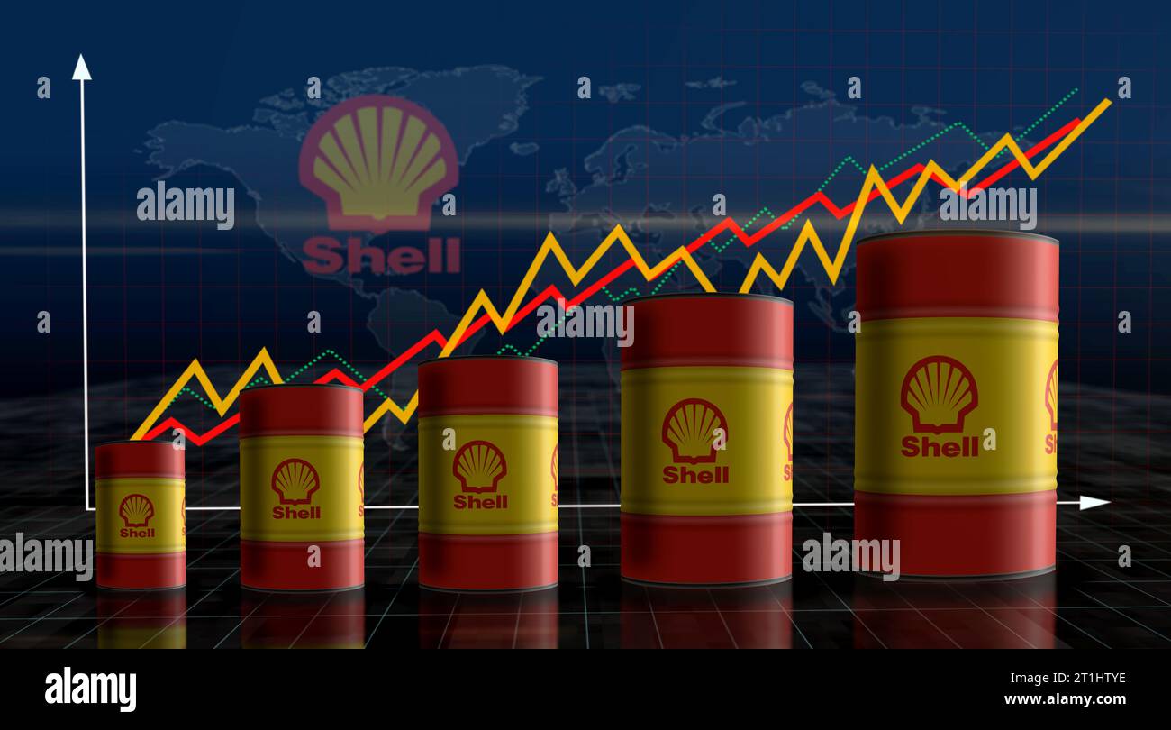 Poznan, Poland, October 12, 2023: Shell oil petroleum fuel barrels in ...