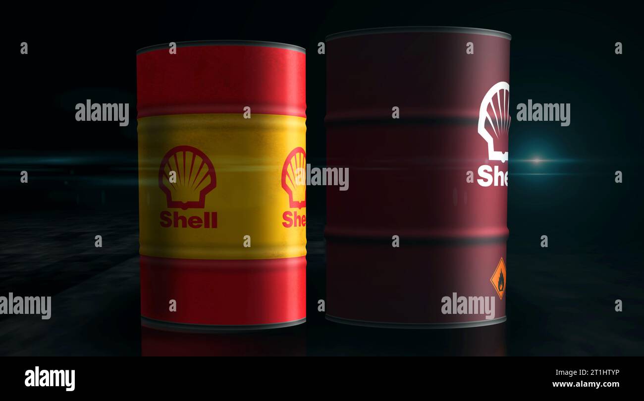 Poznan, Poland, October 12, 2023: Shell oil petroleum fuel barrels in ...