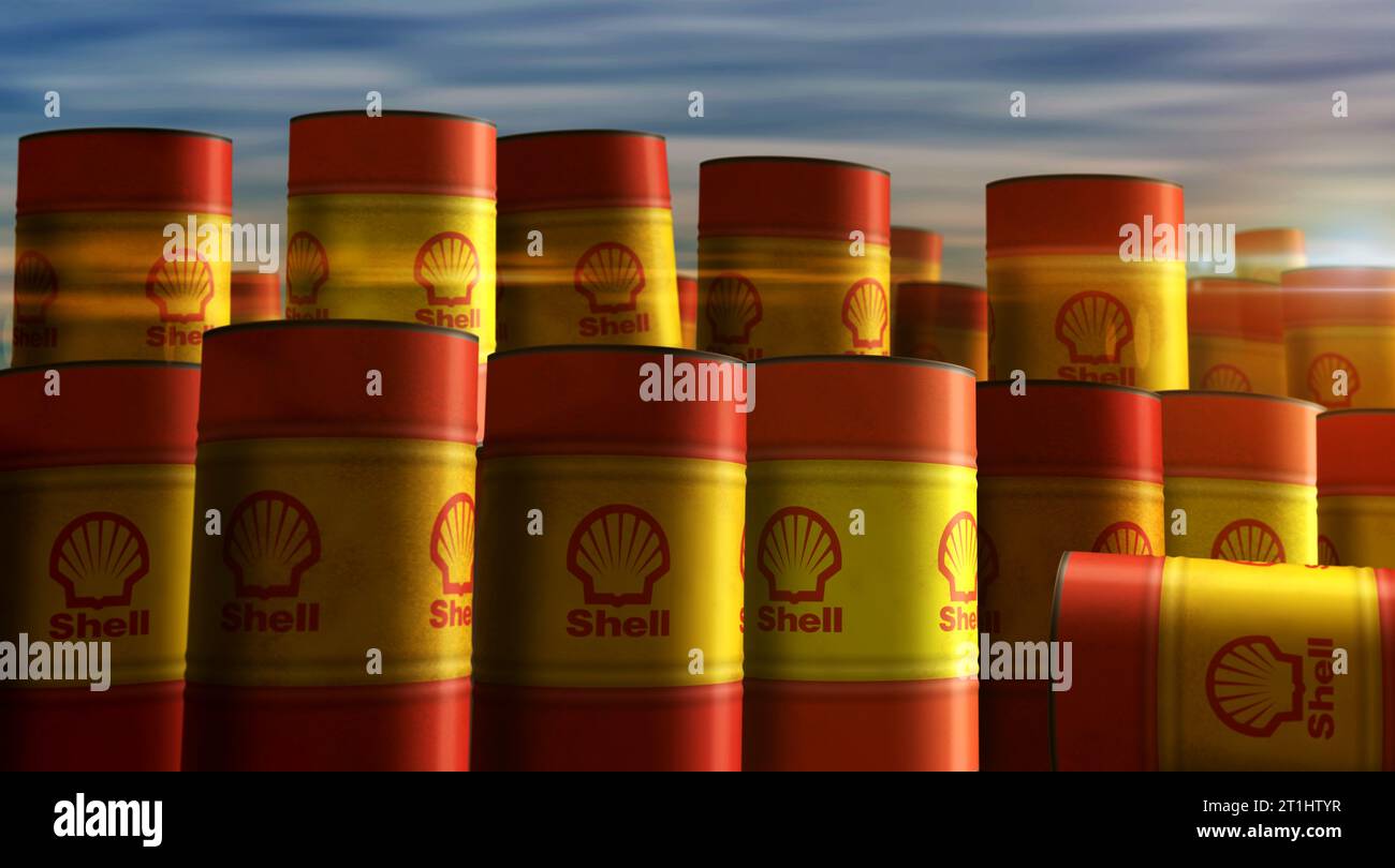 Poznan, Poland, October 12, 2023: Shell oil petroleum fuel barrels in ...