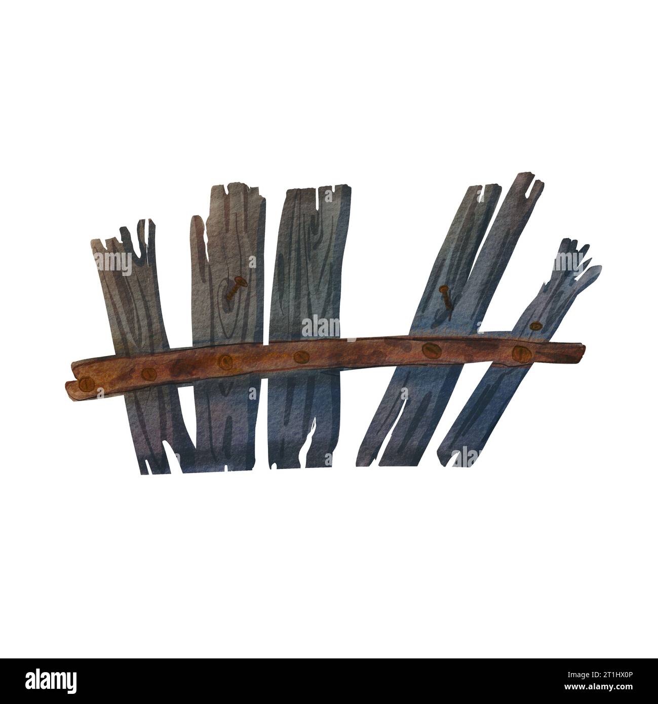 An old wooden fence on a white background. Watercolor illustration of a ...