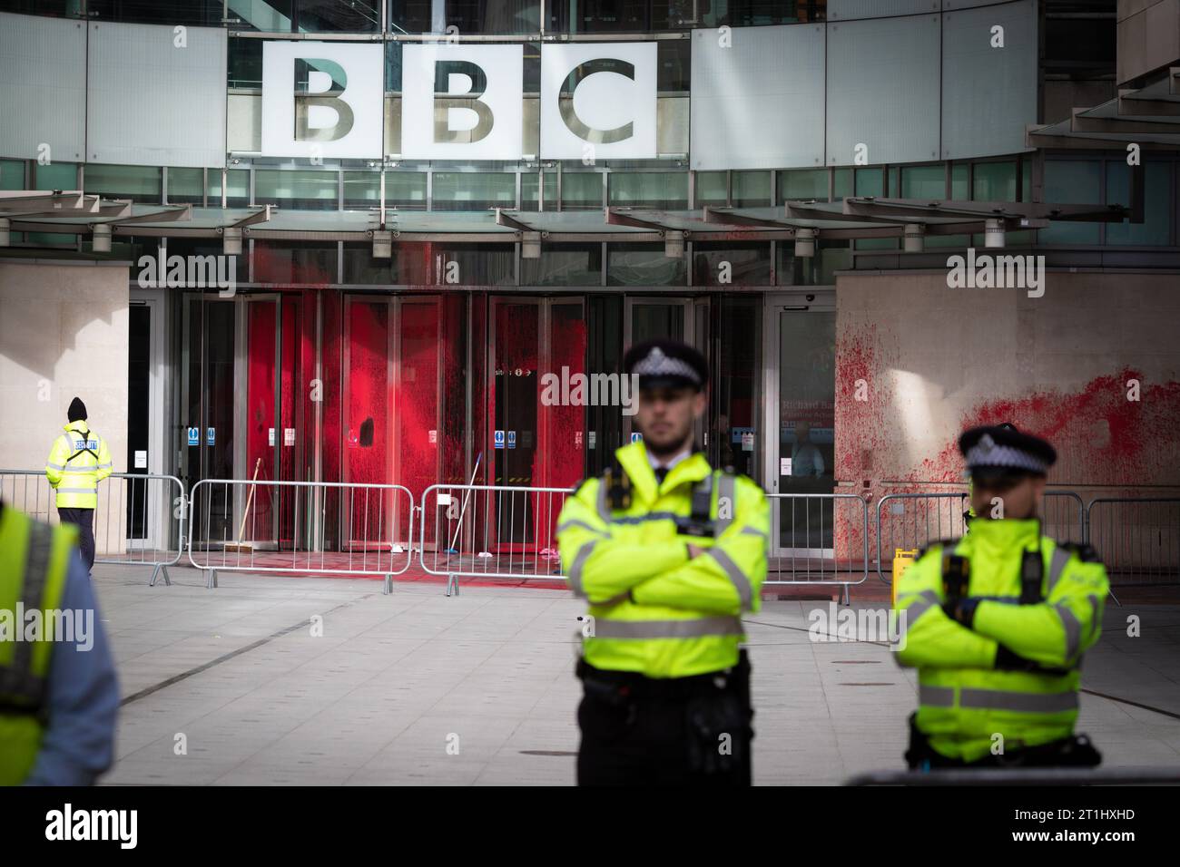 London, UK. 14th Oct, 2023. Red paint is sprayed over the BBC's ...