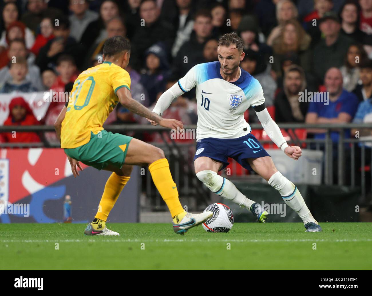 London, UK. 13th Oct, 2023. Keanu Baccus (A) James Maddison (E) at the ...