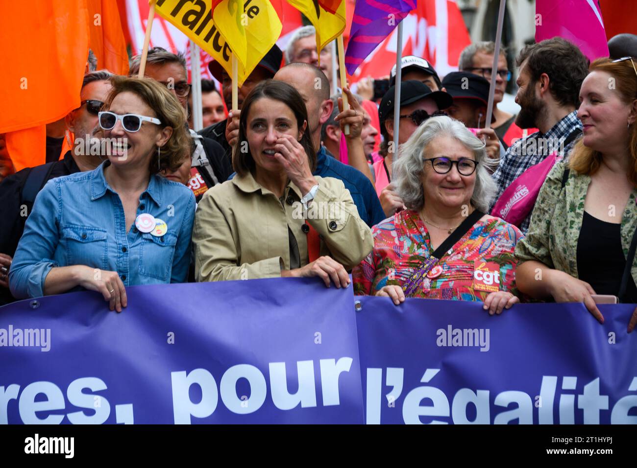 Paris, France. 14th Oct, 2023. Mailyse Léon (CFDT), Sophie Binet (CGT ...