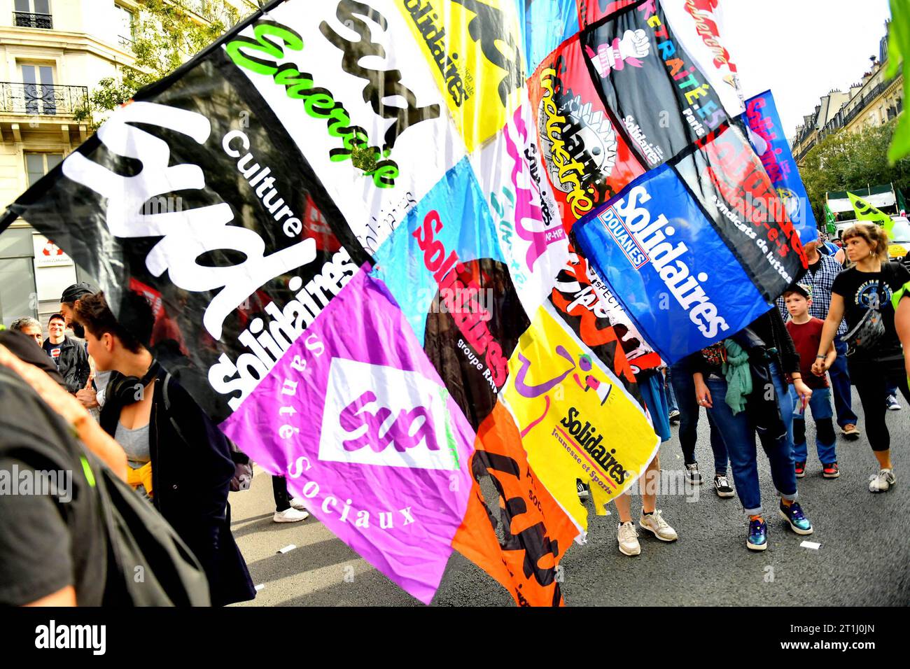 Paris, France. 14th Oct, 2023. Inter-union demonstration involving ...
