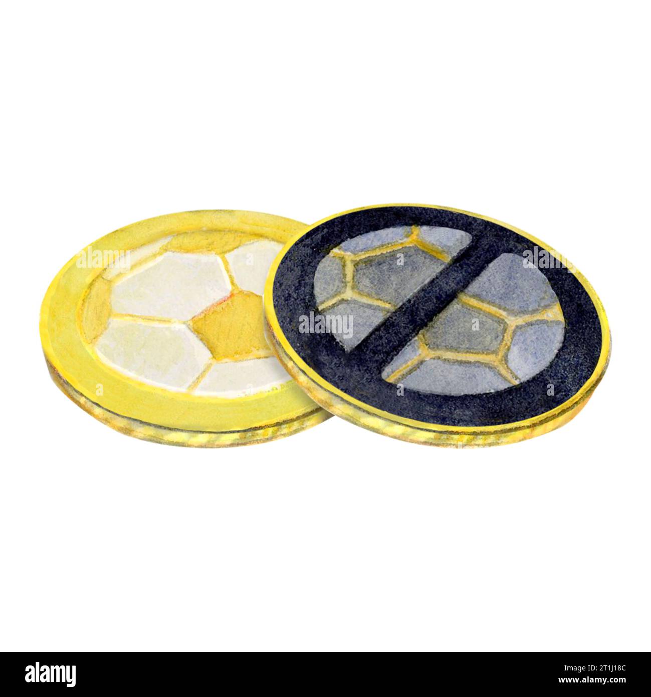Watercolor drawing of set of collection football coins with ball ...