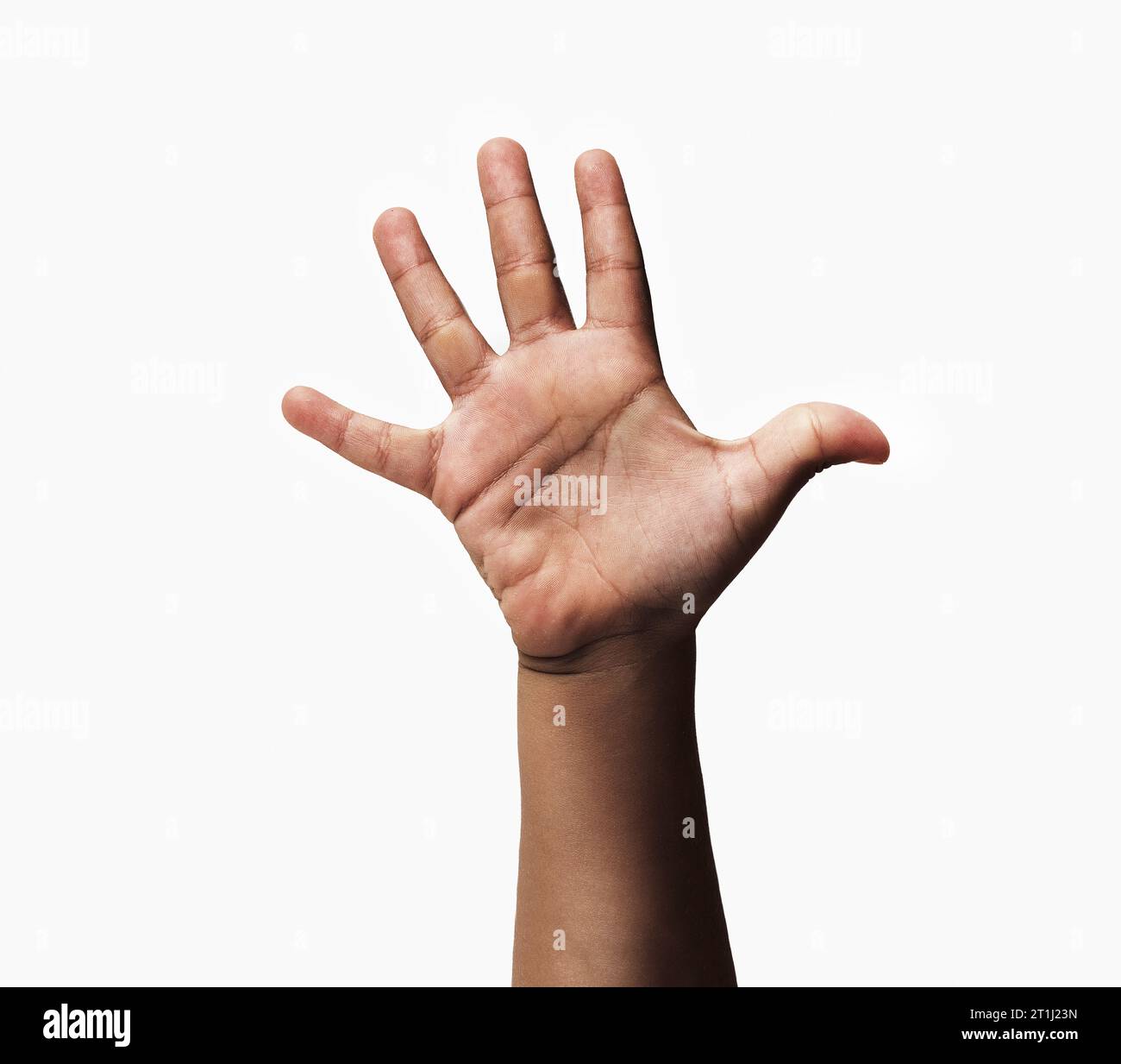 Close-up of child hand showing five fingers with white background Stock ...