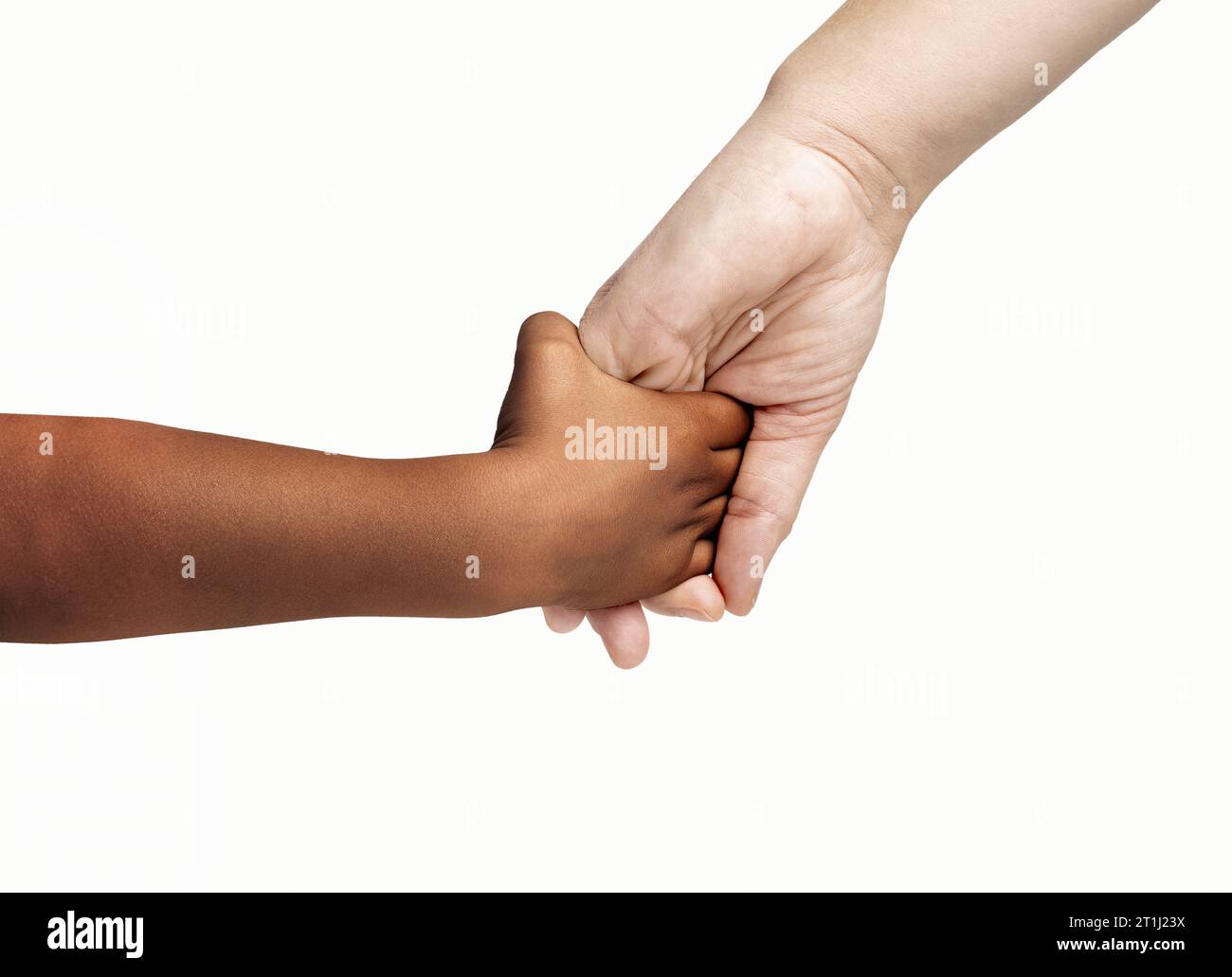 Close up of a caucasian mother giving a hand to an afro child isolated ...