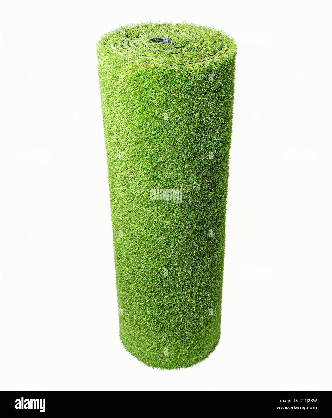 Closeup of a roll of artificial grass upright and isolated on white ...