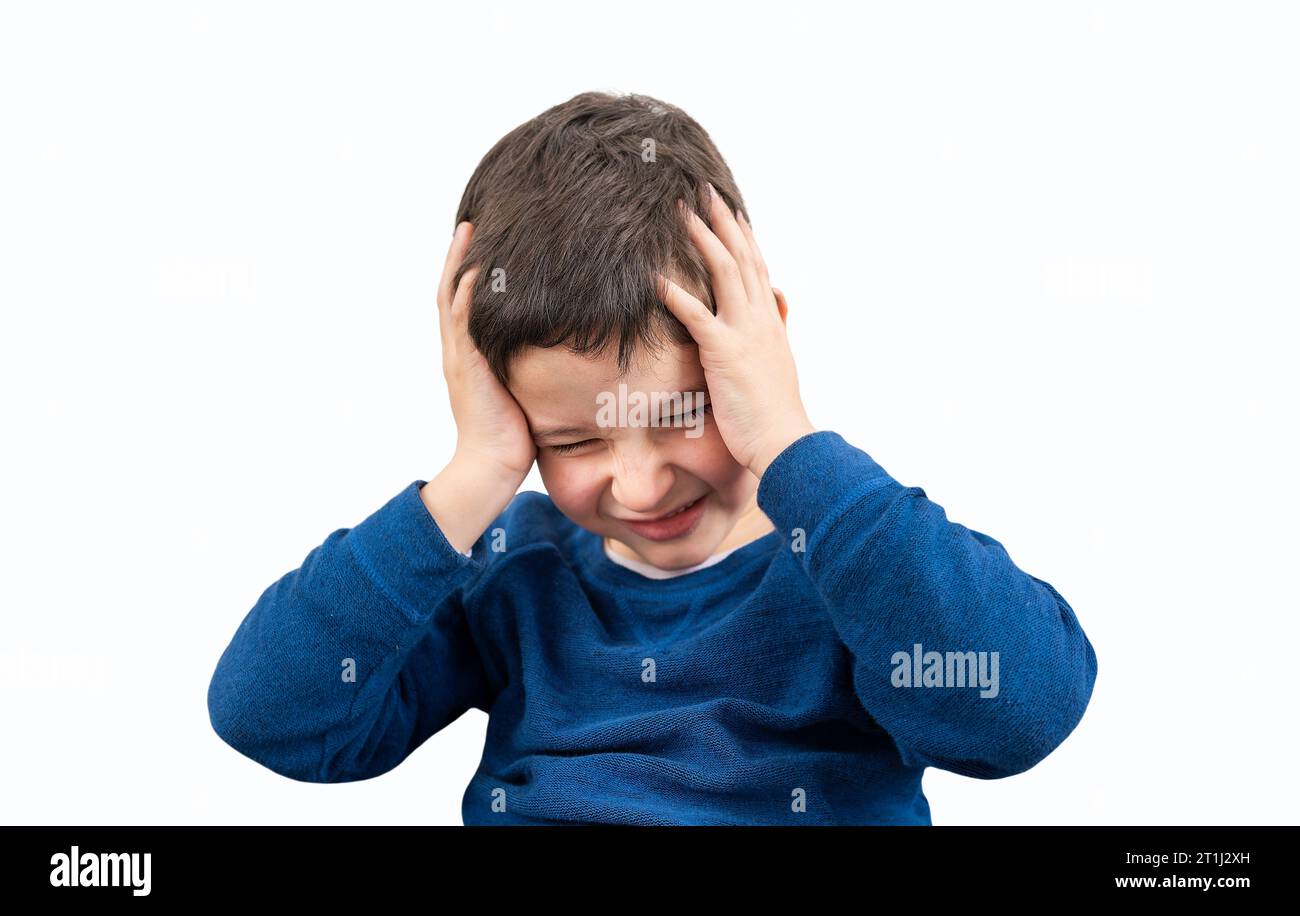 Child suffering headache isolated with white background Stock Photo - Alamy