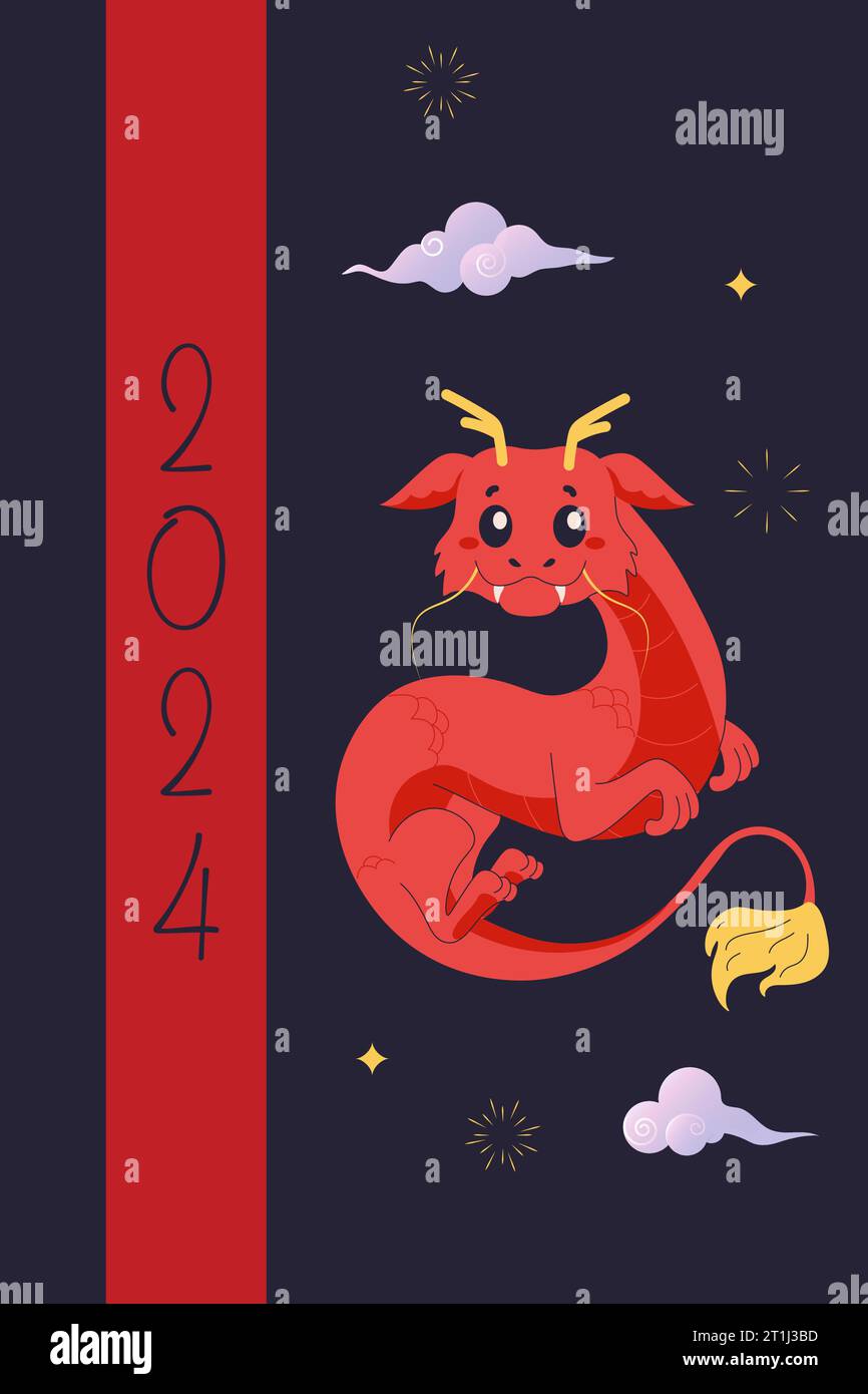 2024 postcard, banner year of the chinese dragon, cute dragon. Vector ...