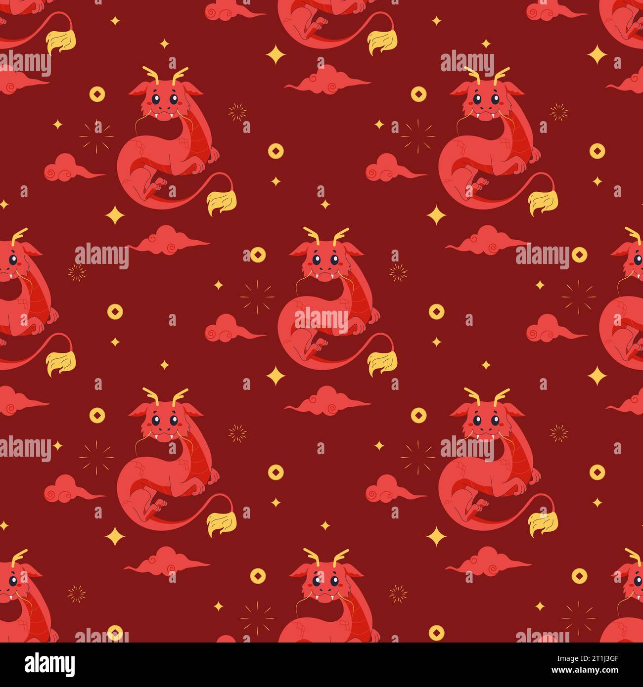 Seamless pattern chinese dragon, red cute 2024. Vector cartoon ...