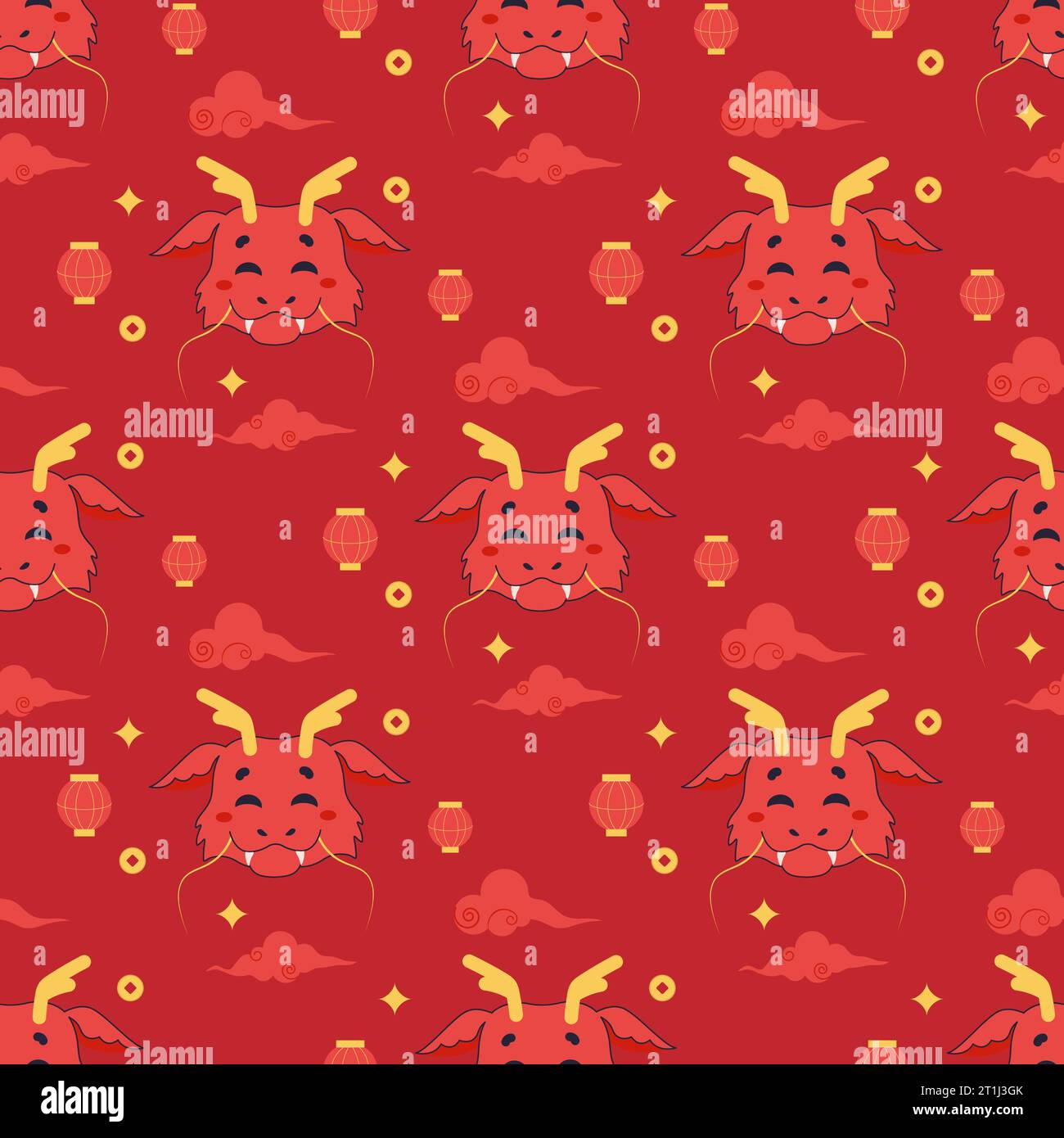 Seamless pattern chinese dragon, red cute 2024. Vector cartoon ...