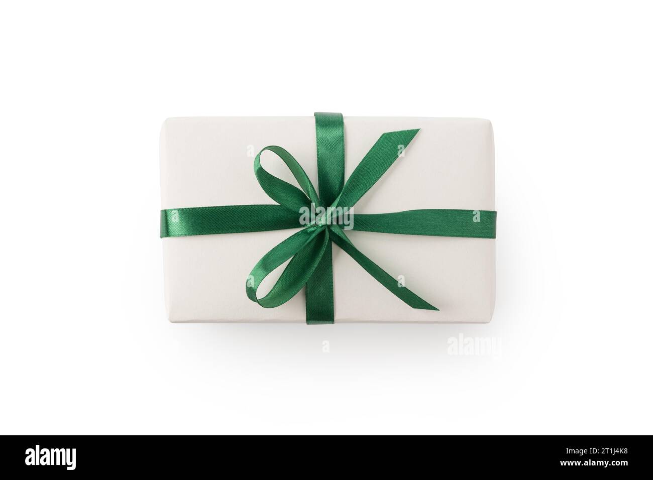 Top view of white gift box with green bow isolated on white background ...