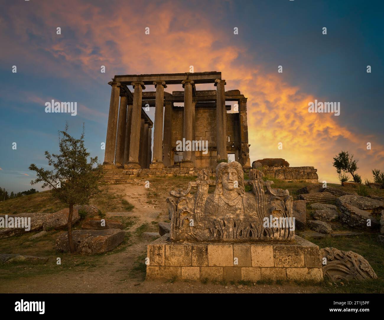 The ruins of the ancient city of Aizanoi with the temple of Zeus. The ...