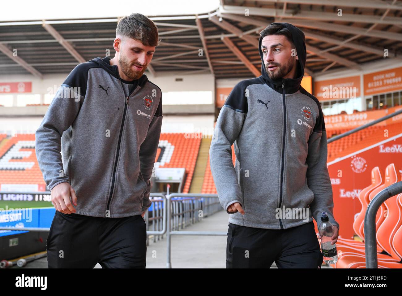 Daniel Grimshaw #32 of Blackpool and Owen Dale #7 of Blackpool arrive ...