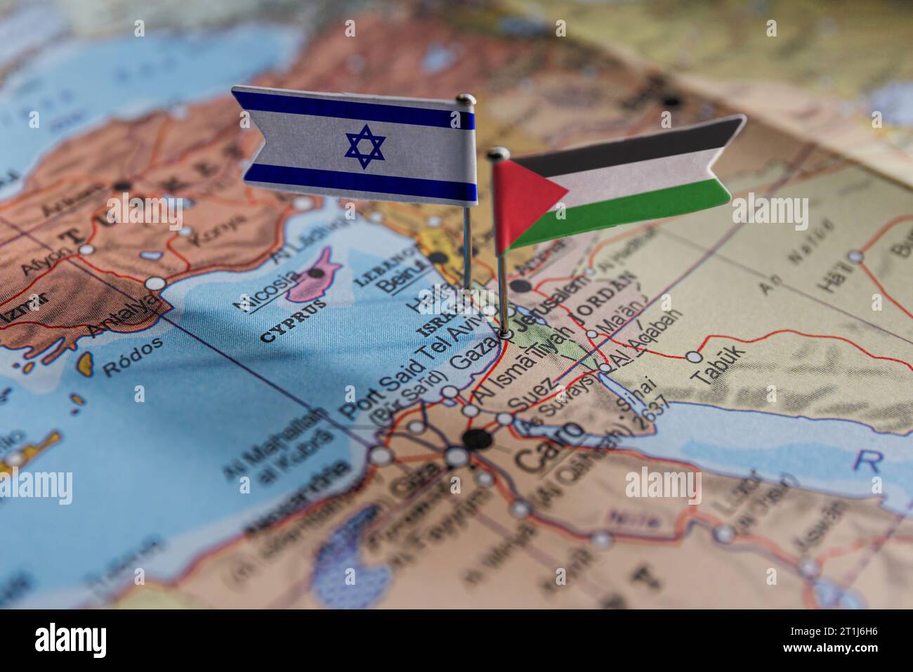 Israel an Palestine flags on geopolitical Map. Gaza strip and West Bank ...