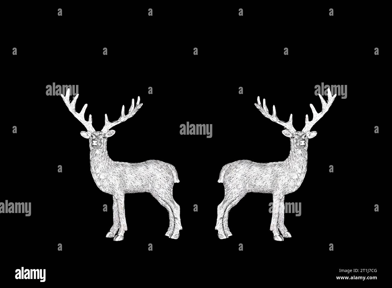 Christmas Eve silver reindeer tree ornaments on black. Festive symbol ...