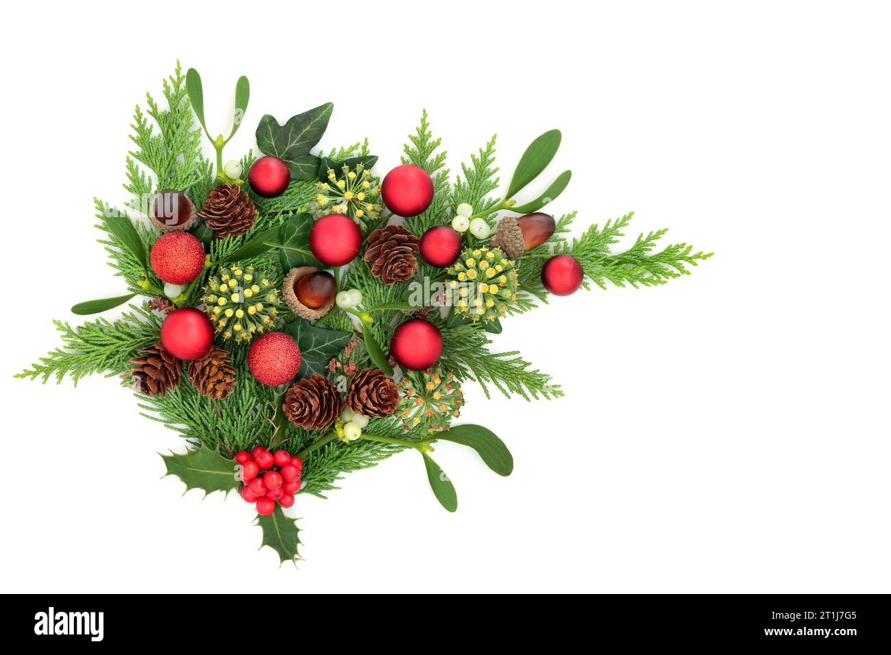 Christmas traditional winter flora greenery with red ball decorations ...