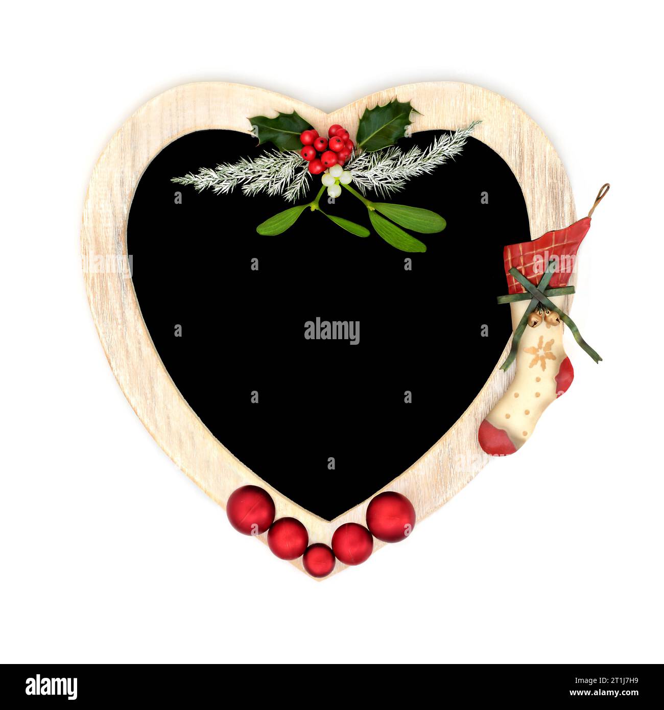 Christmas heart shape wreath with retro metal stocking, red balls ...