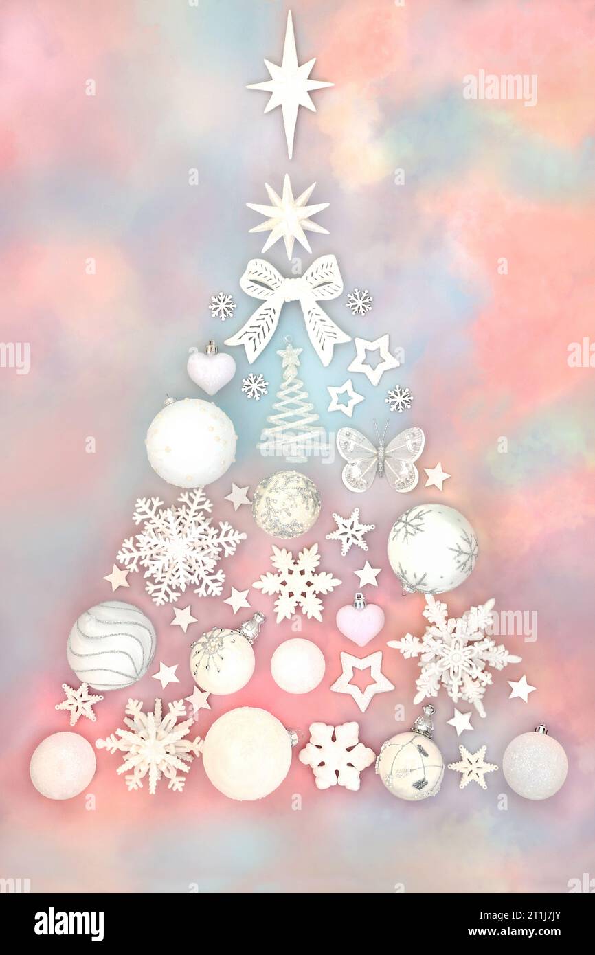 Christmas tree surreal festive design with white bauble decorations on ...